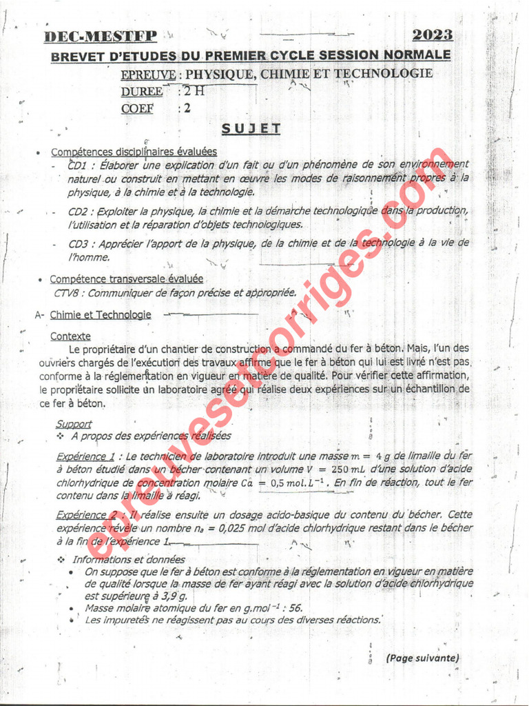 Epreuve Bepc 2023 PCT Benin | PDF