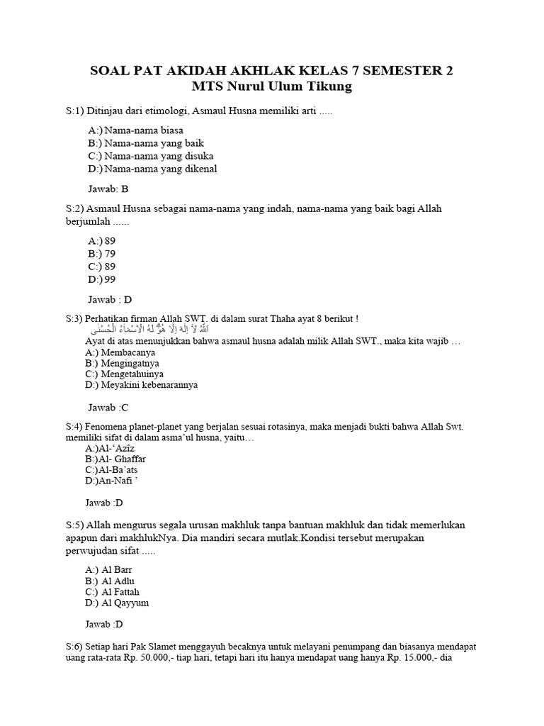 SOAL PAT AKIDAH AKHLAK KELAS 7 Genap 2024 | PDF