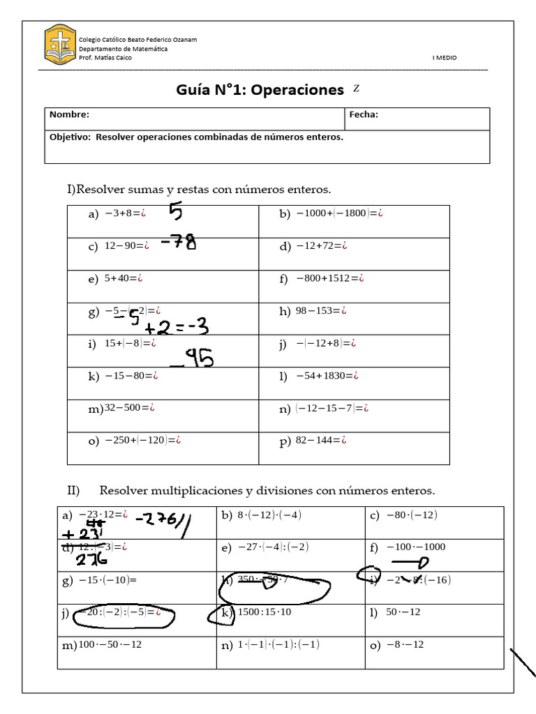 I°medio - Guia N°1 - Operaciones en Z | PDF | Entero