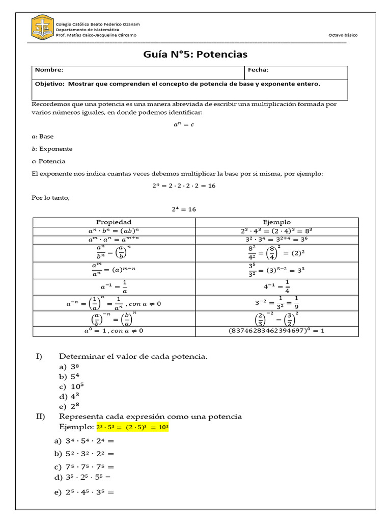 I° Medio - Guía N°5 - Potencias | PDF | Exponenciación | Multiplicación