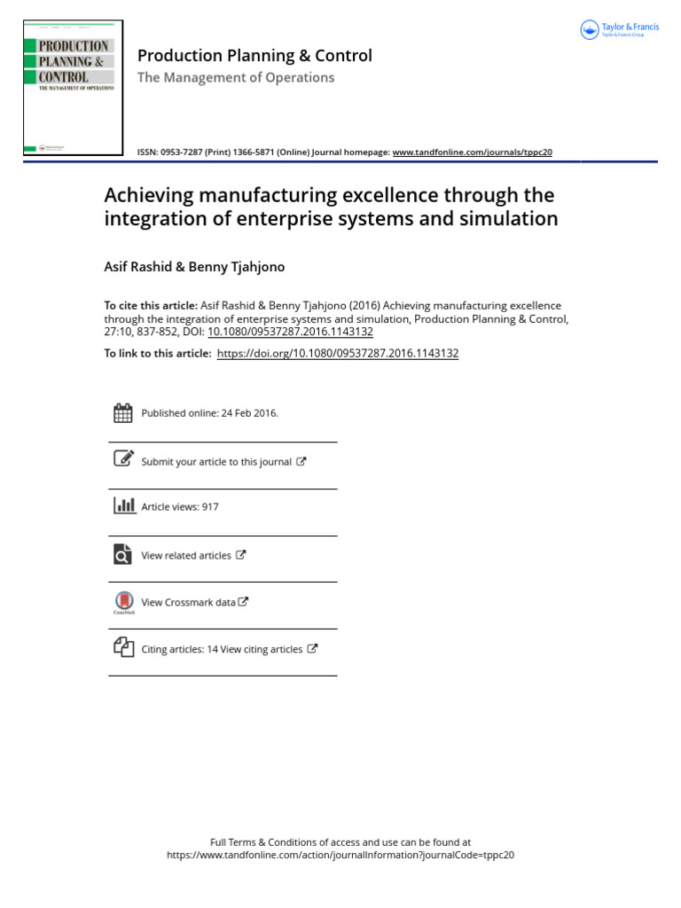 Achieving Manufacturing Excellence Through The Integration of Enterprise Systems and Simulation ...
