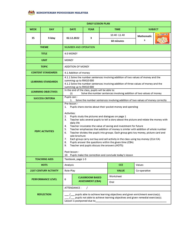 RPH MT DLP Y 3 Tajuk 4 (M19-M23) | PDF | Teachers | Lesson Plan