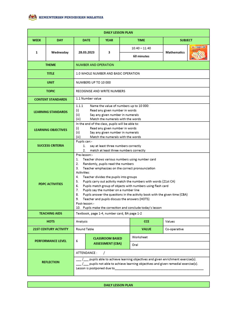 RPH MT DLP Y 3 Tajuk 1 (M1-4) | PDF | Lesson Plan | Teachers