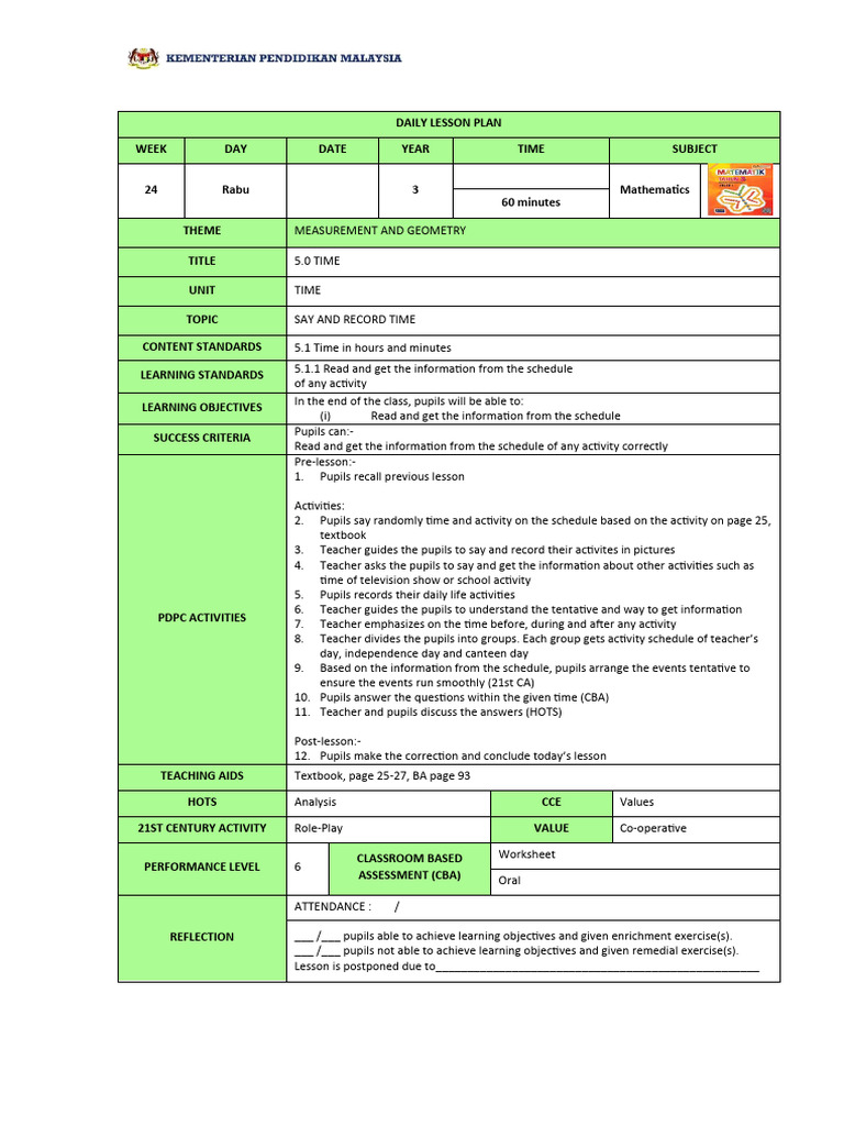 RPH MT DLP Y 3 Tajuk 5 (M24-M28) | PDF | Lesson Plan | Teachers