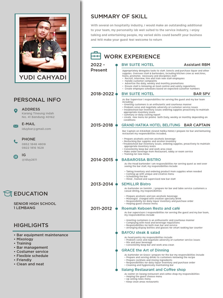 cv_yudi_2023 | PDF | Bartender | Foodservice