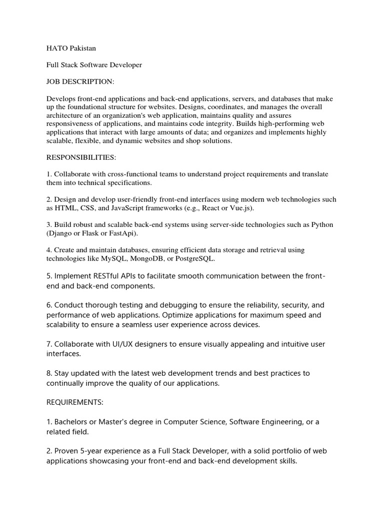 HATO JD Full-Stack Software Developer | PDF | Web Development | Systems ... HATO JD Full-Stack Software Developer | PDF | Web Development | Systems ...