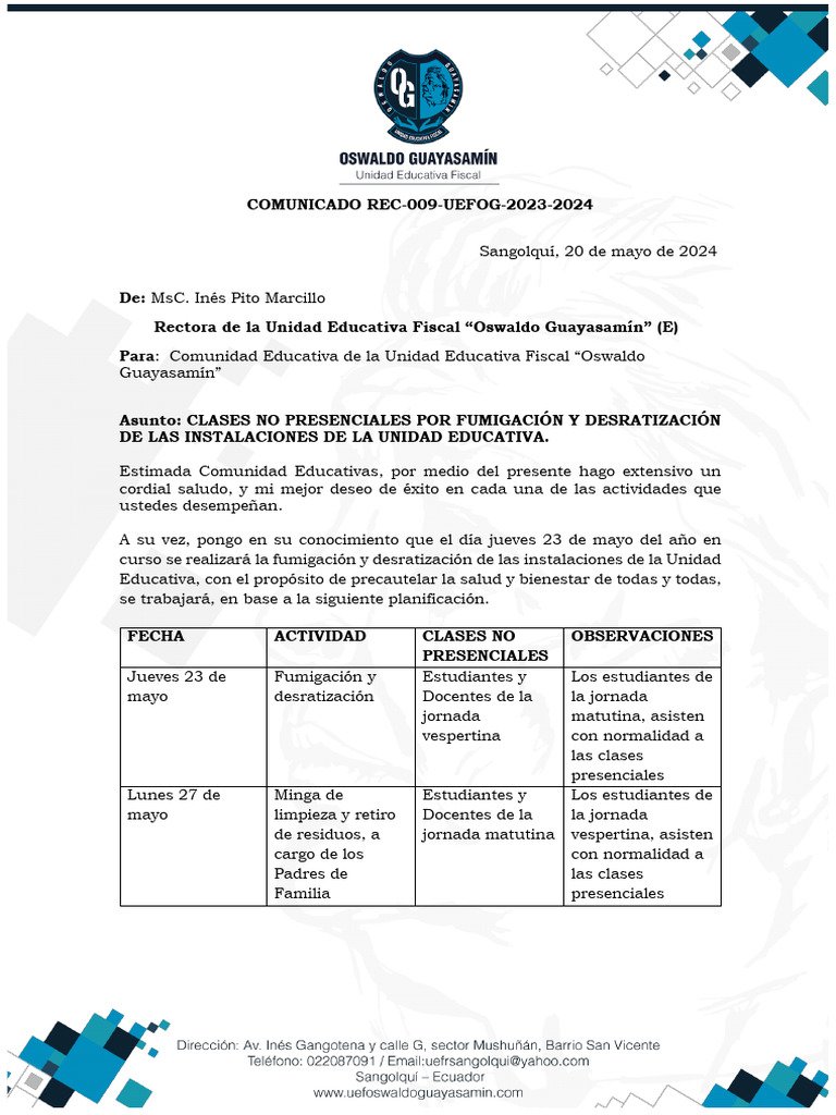 Comunicado Rec-009-Uefog-2023-2024 Clases No Presenciales | PDF
