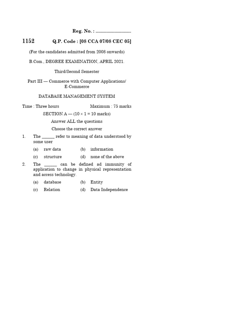 Bcom-3-Sem-2-Sem-Ca-Database Management-System-1152-Apr-2021 | PDF | Databases | Information ...