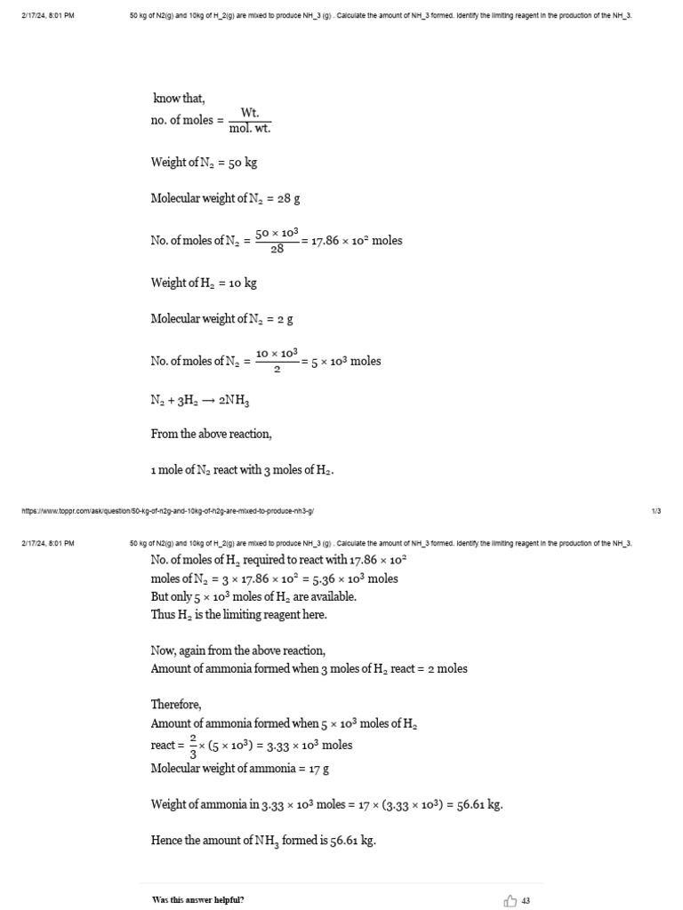 50 KG of N2 (G) and 10kg of H - 2 (G) Are Mixed To Produce NH - 3 (G) - Calculate The Amount of ...