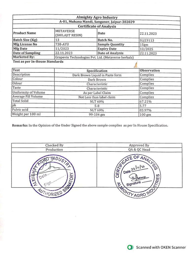 Metaverse (Shilajit Resin) COA REVISED | PDF