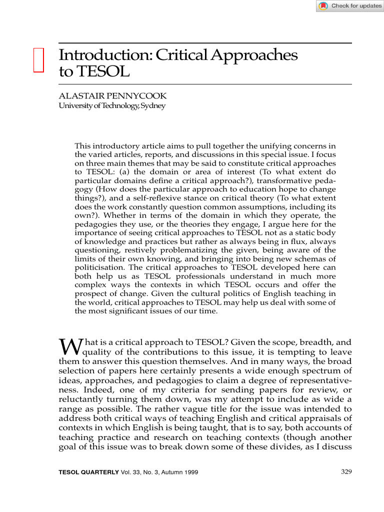 TESOL Quarterly - 2012 - PENNYCOOK - Introduction Critical Approaches ...