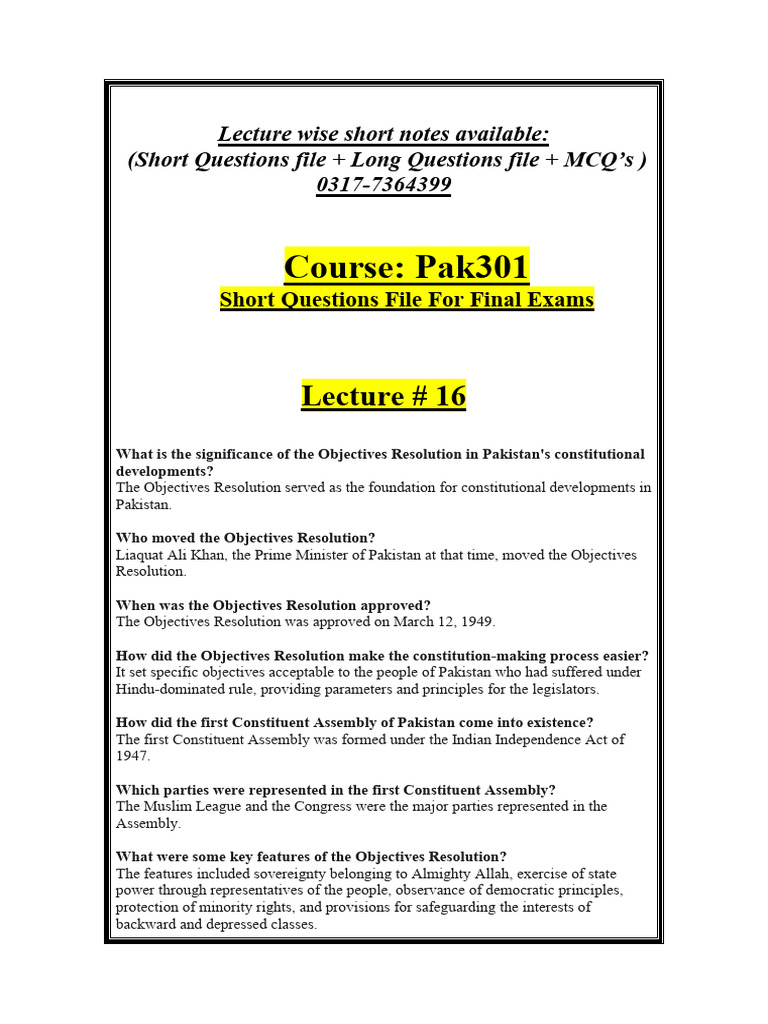 PAK301 Lecture Wise (Short Questions File For Final Exams Preperation) | PDF | Parliament Of ...