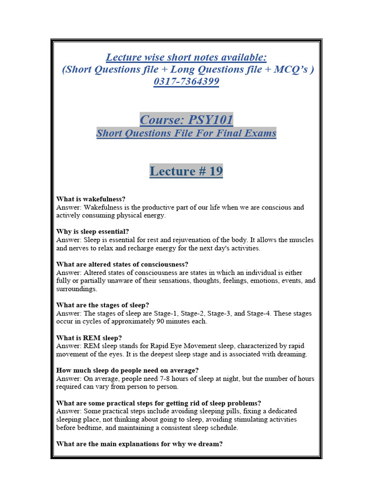 PSY101 Lecture Wise (Short Questions File For Final Exams) | PDF | Emotions | Motivation