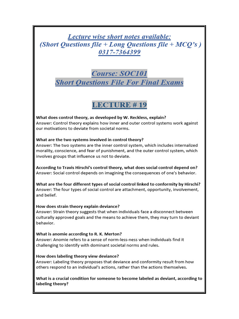 SOC101 Lecture Wise (Short Questions File) | PDF | Deviance (Sociology) | Gender