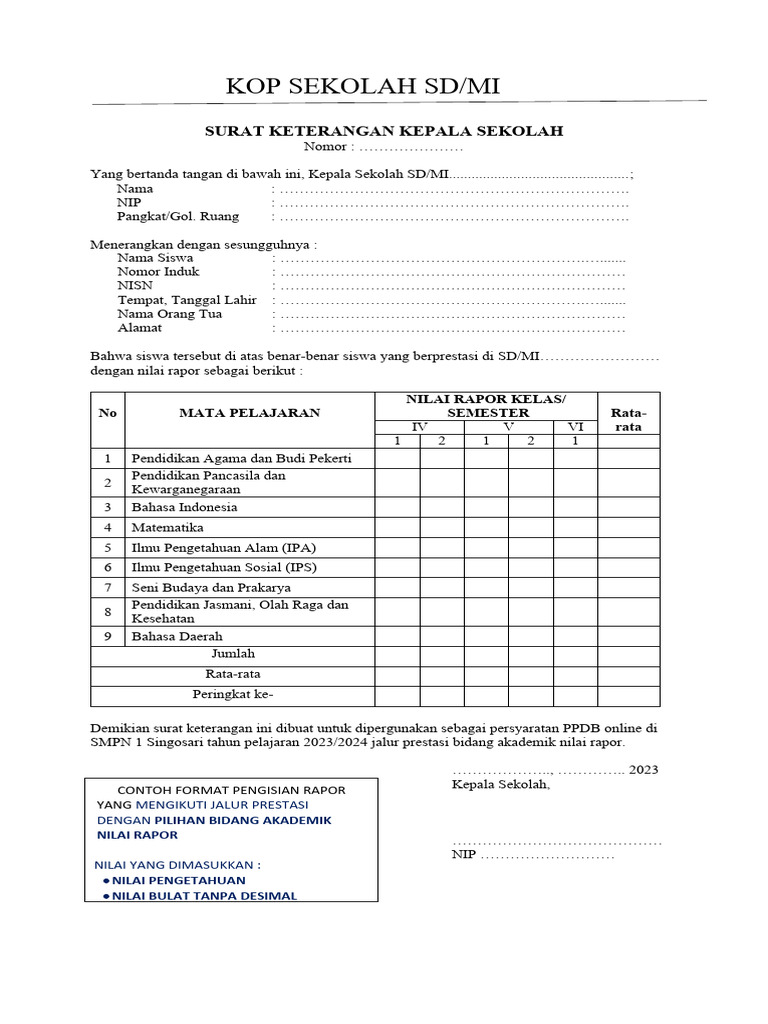 Contoh - Surat Keterangan Nilai Rapor | PDF