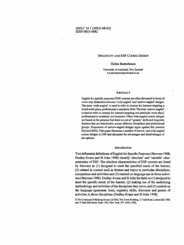Specificity and Esp Course Design | PDF | English As A Second Or ...