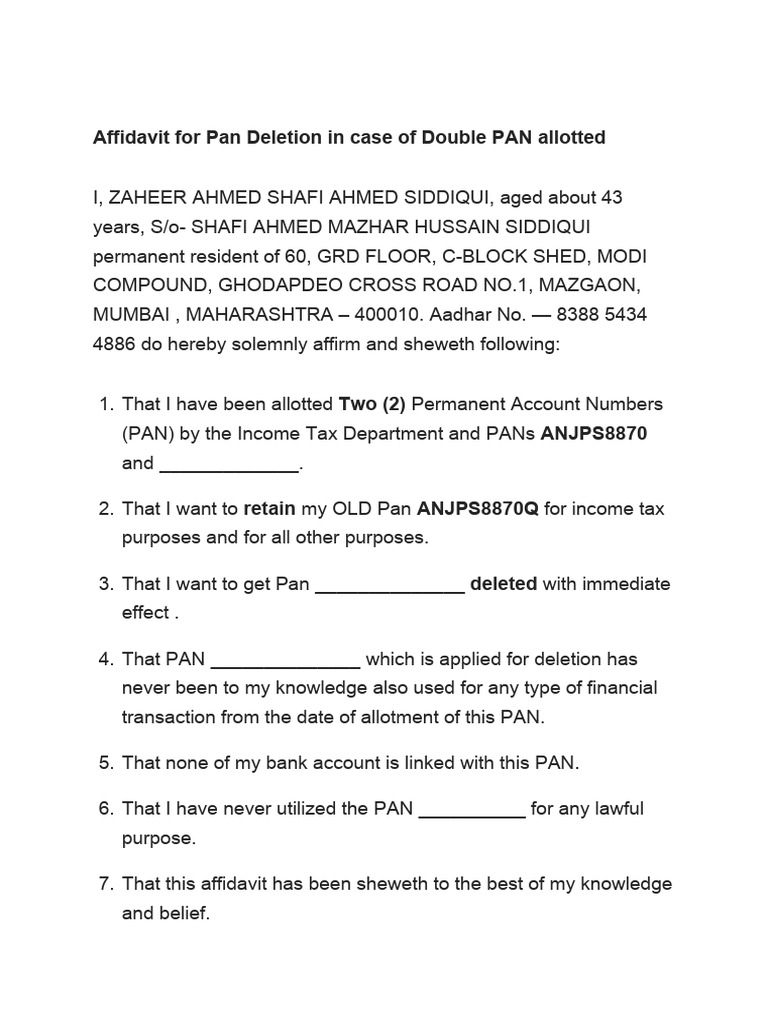 Affidavit for Dual PAN Deletion | PDF | Business