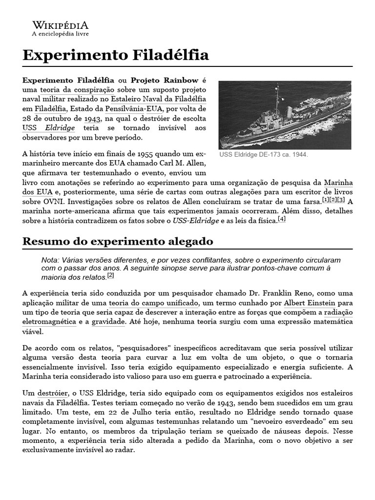 Experimento Filadélfia - Wikipédia | PDF | Science