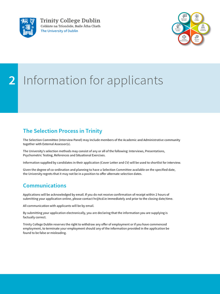 Information For Applicants: The Selection Process in Trinity | PDF ...