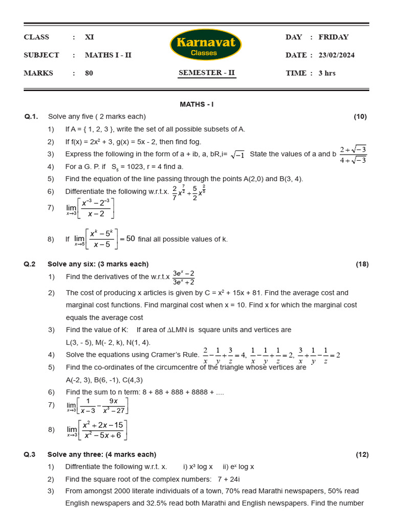 Xi Com - Semester II Maths QP 23.02.2024 | PDF | Applied Mathematics | Mathematical Concepts
