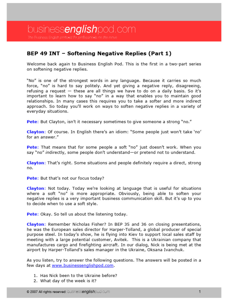 Softening Negative Replies in English | PDF | Question