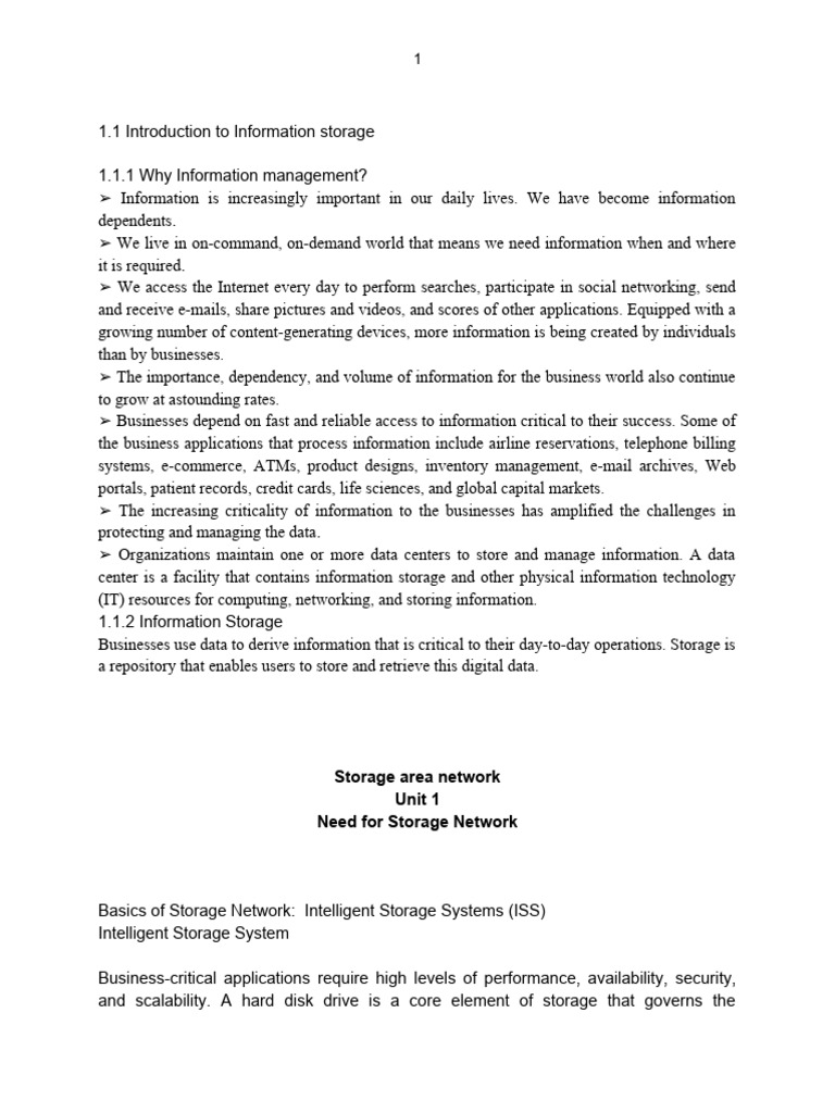 Storage Area Network Unit 1 Need For Storage Network | PDF | Computer Network | Hard Disk Drive