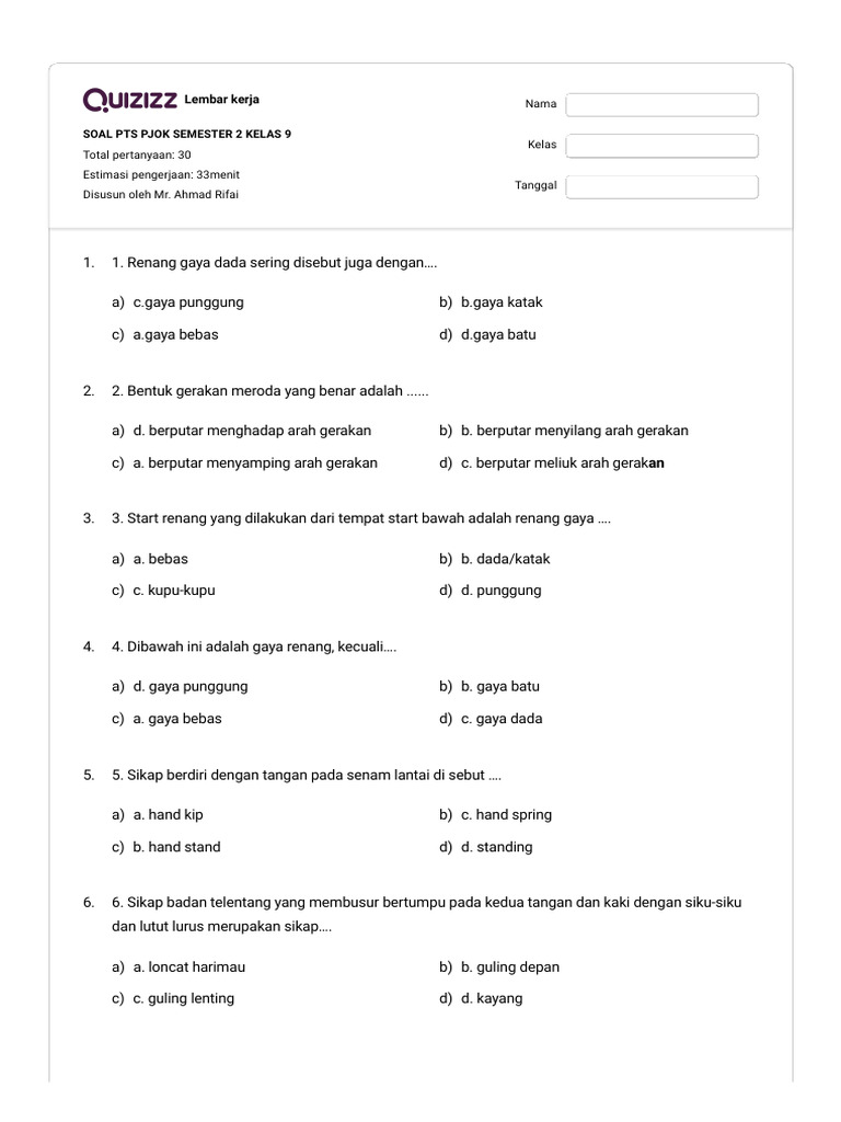 SOAL PTS PJOK SEMESTER 2 KELAS 9 - Quizizz | PDF | Olahraga & Rekreasi