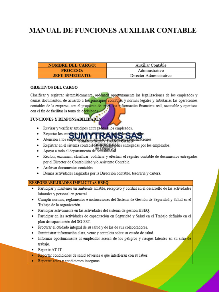 ST-MN-004 Manual de Funciones Auxiliar Contable | PDF | Contabilidad ...