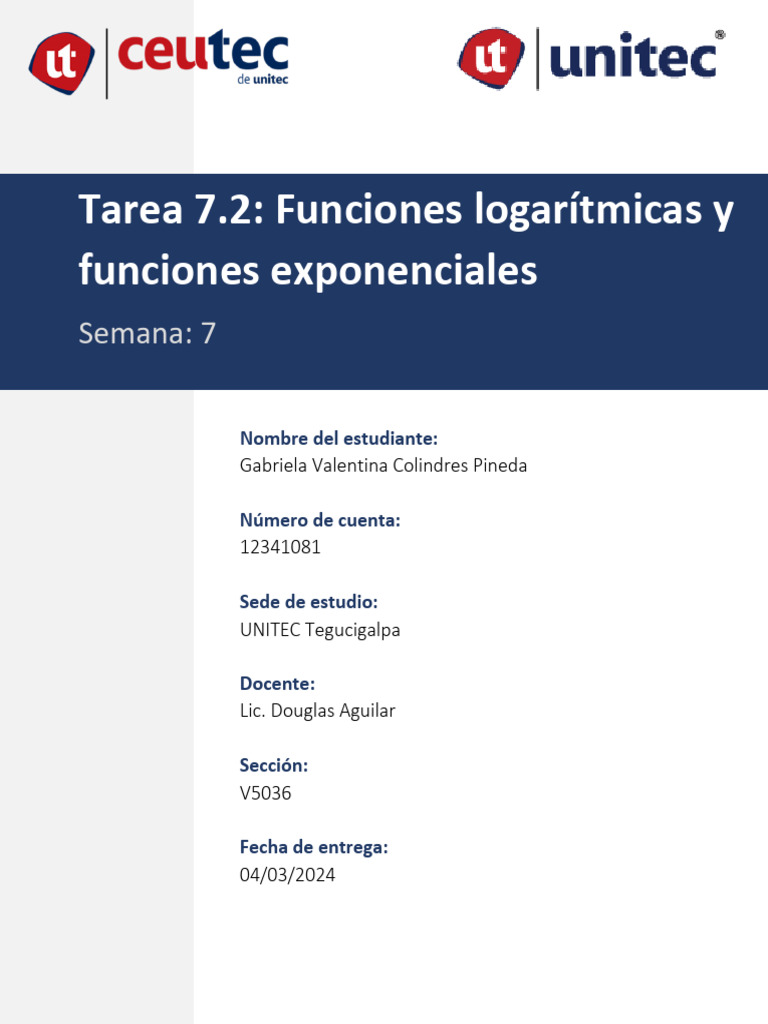 Tarea 7.2 Funciones Logarítmicas y Funciones Exponenciales (Gabriela Colindres 12341081) | PDF