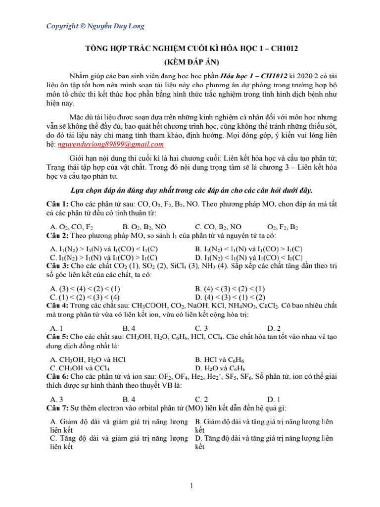 Tổng hợp trắc nghiệm cuối kỳ hóa học 1 - Ng Duy Long | PDF
