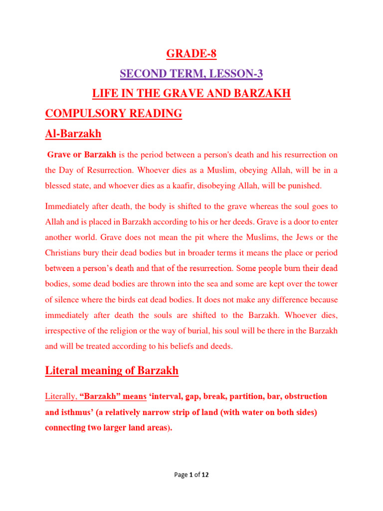 G 8 2nd Term Lesson 3 Life In The Grave And Barzakh Pdf God In