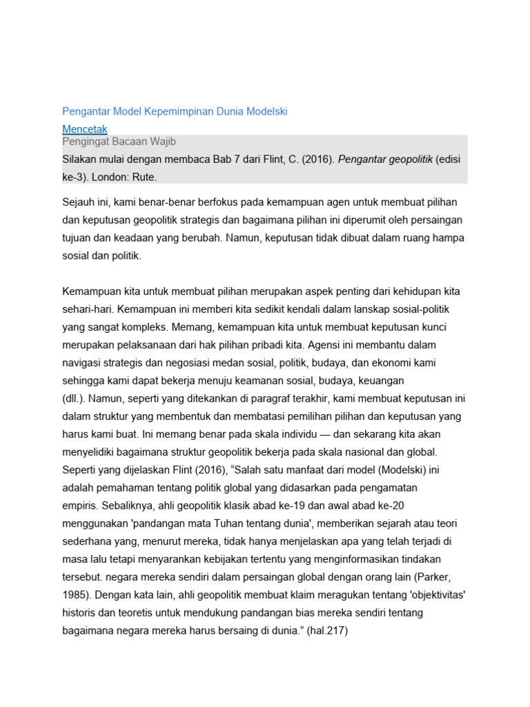 Pengantar Model Kepemimpinan Dunia Modelski | PDF