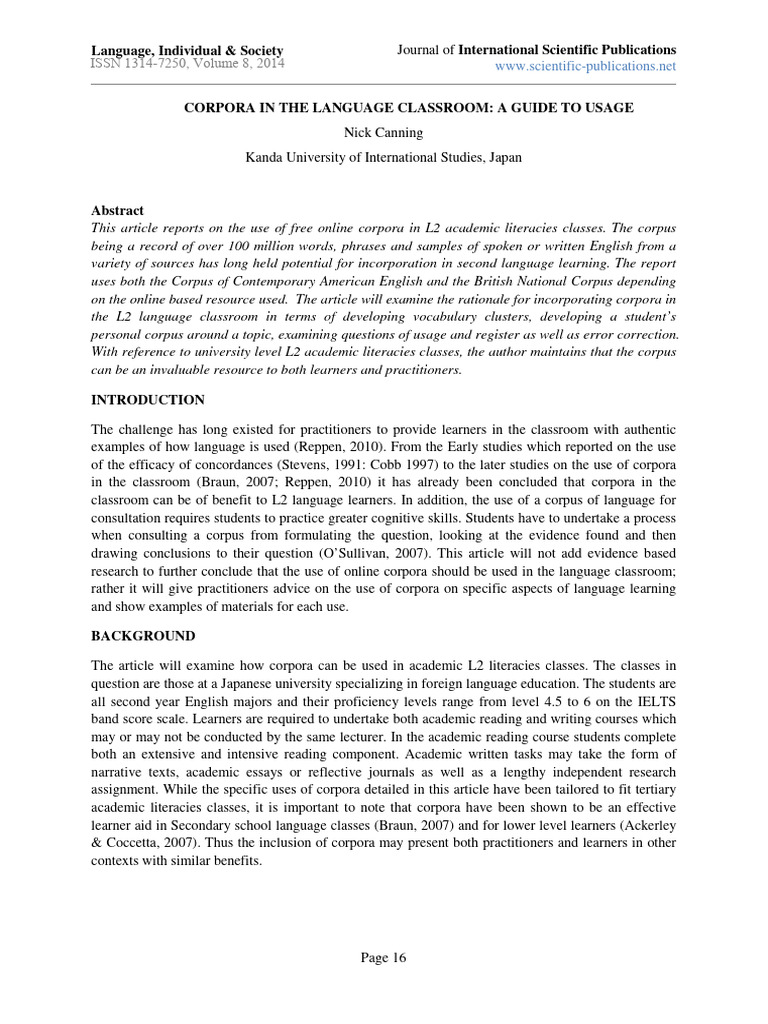 Corpora in The Language Classroom | PDF | Vocabulary | Second Language Acquisition
