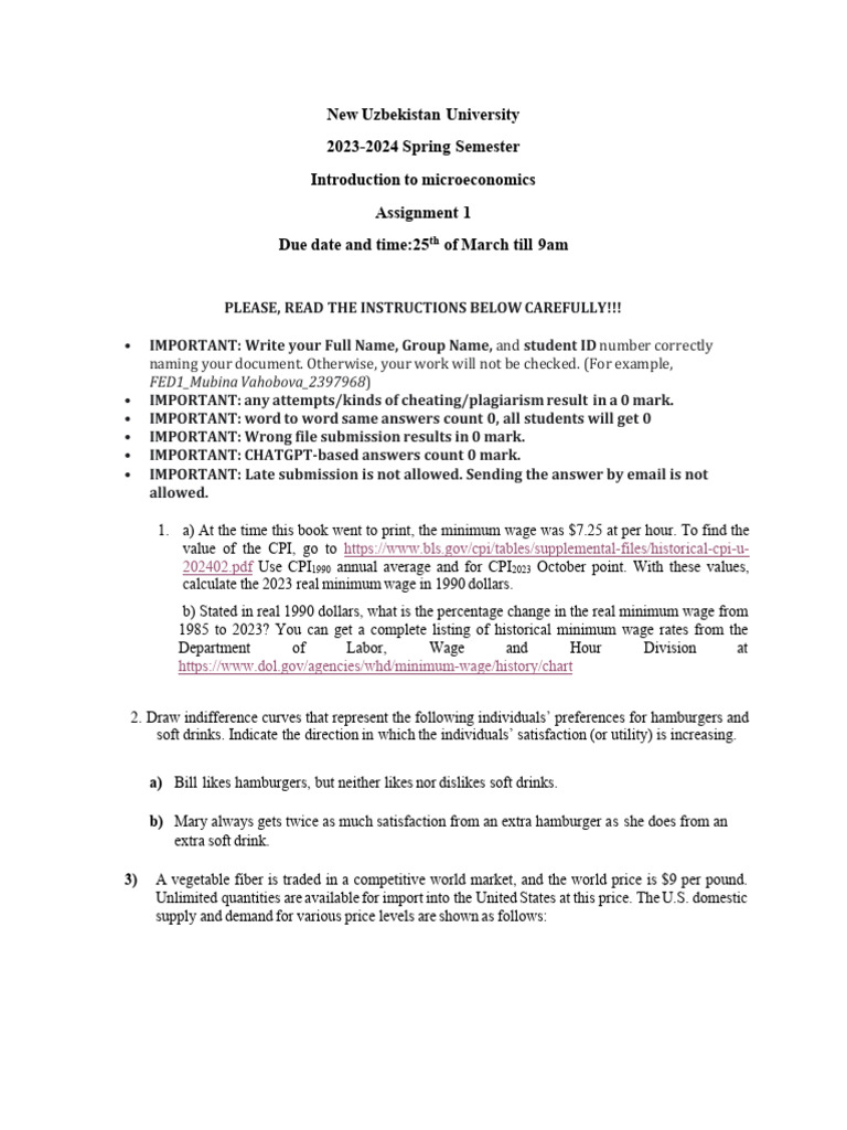 3 Assignment 1 Spring Intro To Microecon | PDF | Demand | Prices
