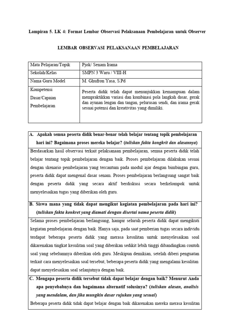 T.4 01.05.6-B4-9 Unggah LK 4 - Lembar Observasi Pembelajaran Observer - Siklus 2 | PDF