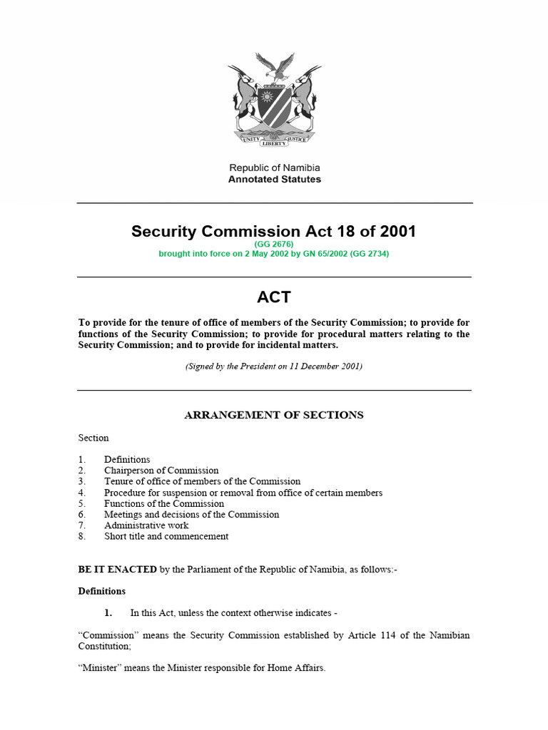 Namibia Security Commission Act 2001 | PDF | State Of Emergency ...