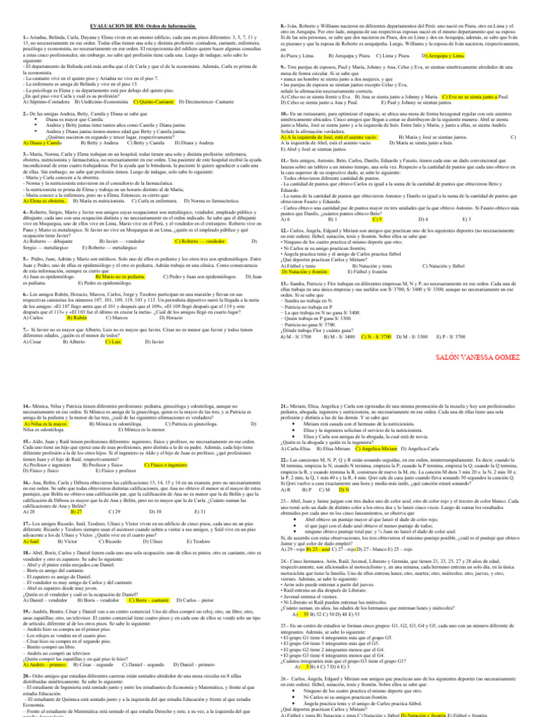 EVALUACION RM - N1 Orden de Información | PDF