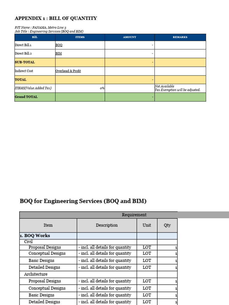 APPENDIX 1 - BOQ for Engineering Services (BOQ and BIM) | PDF | Building Information Modeling ...