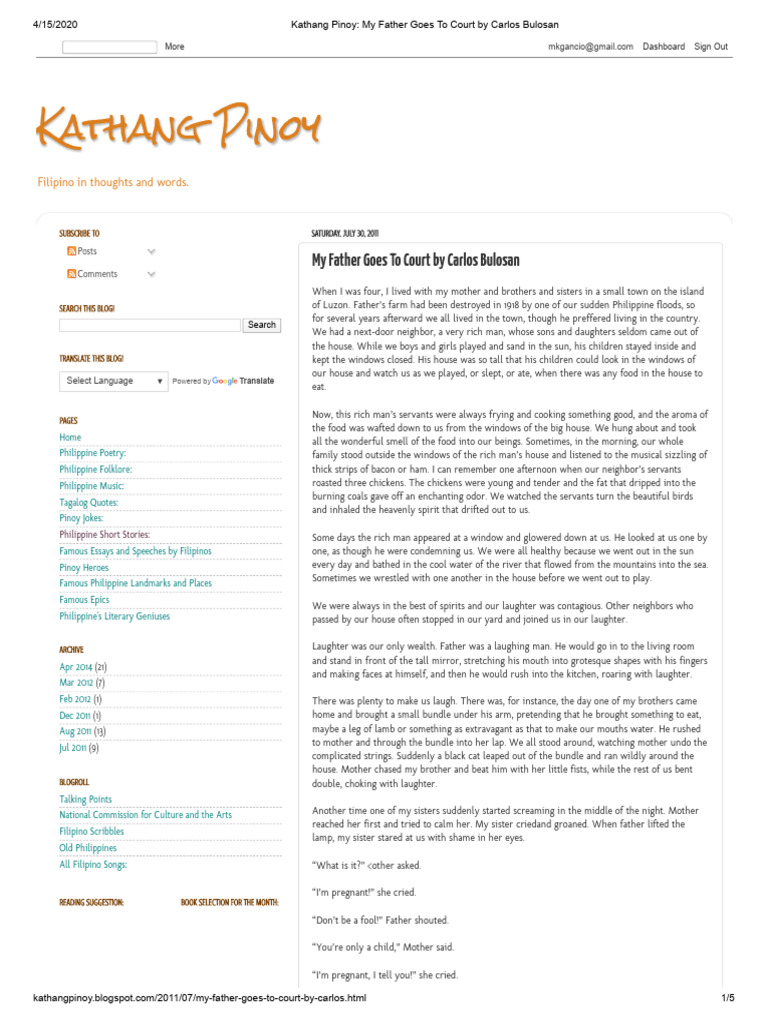 My Father Goes To Court by Carlos Bulosan | PDF