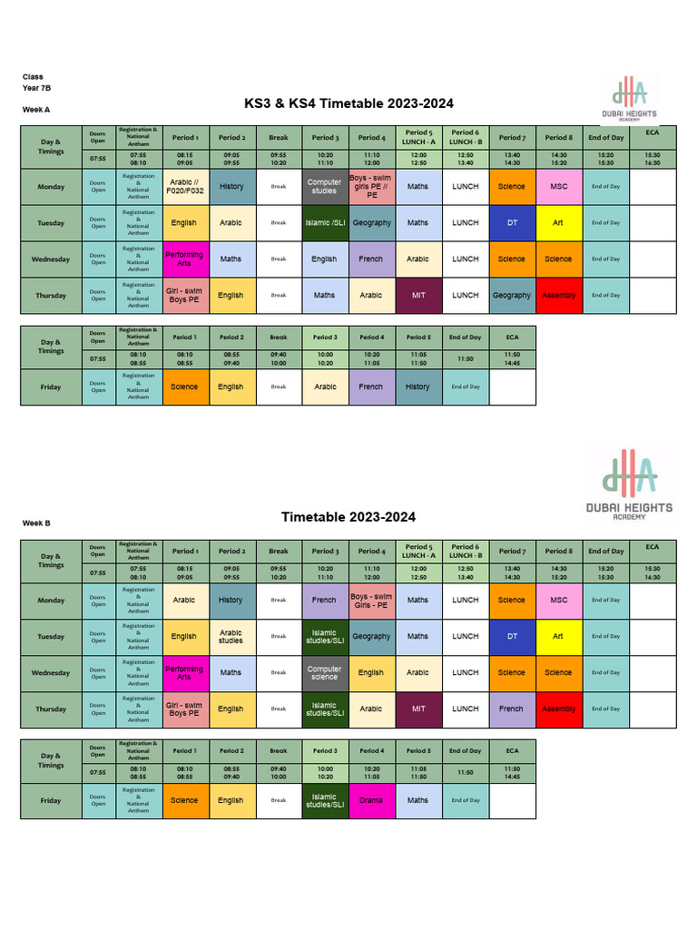 7 BLUE KS3 & KS4 Timetables 2023-2024 - 2 Week - 2023-2024 Timetable | PDF