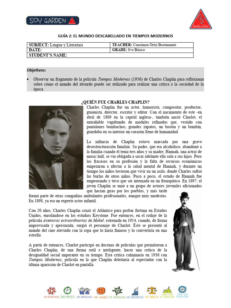 8vo Básico - Unidad 3 - Guía 2 - Tiempos Modernos de Charles Chaplín | PDF | Charlie Chaplin