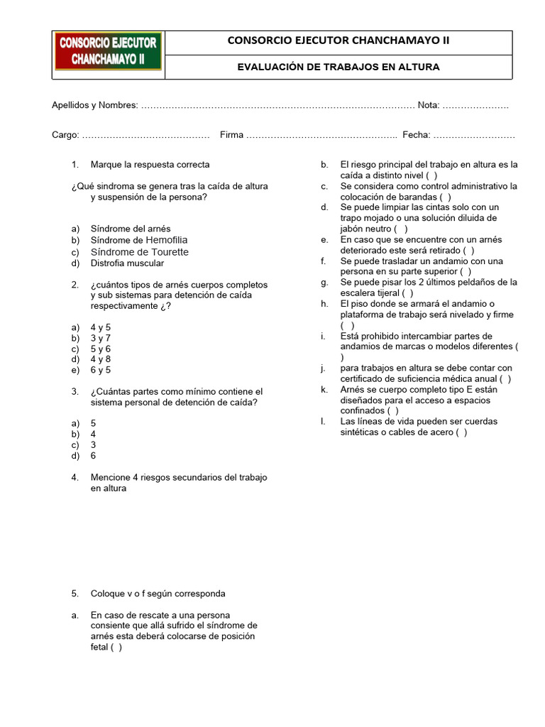 examen de de trabajo en altura | PDF