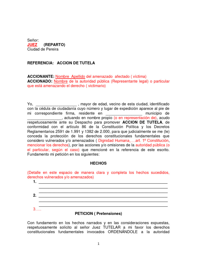 Formato básico de Tutela | PDF | Constitución | Petición