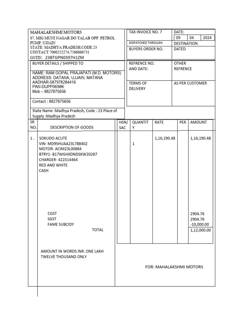 Invoice for Mahalakshmi Motors | PDF