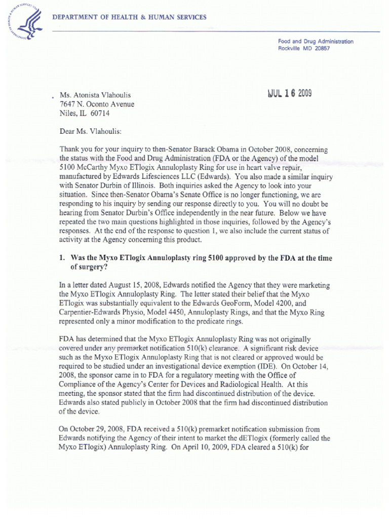 FDA Letter 7-16-09 Vlahoulis | PDF | Federal Food | Medical Device
