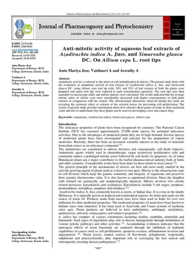 Anti-Mitotic Activity of Aqueous Leaf Extracts of DC. On Allium Cepa L. Root Tips | PDF ...