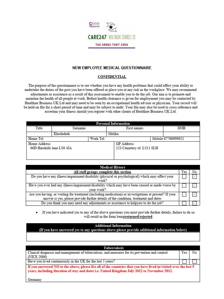 New Employee Medical Questionnaire | PDF | Tuberculosis | Measles