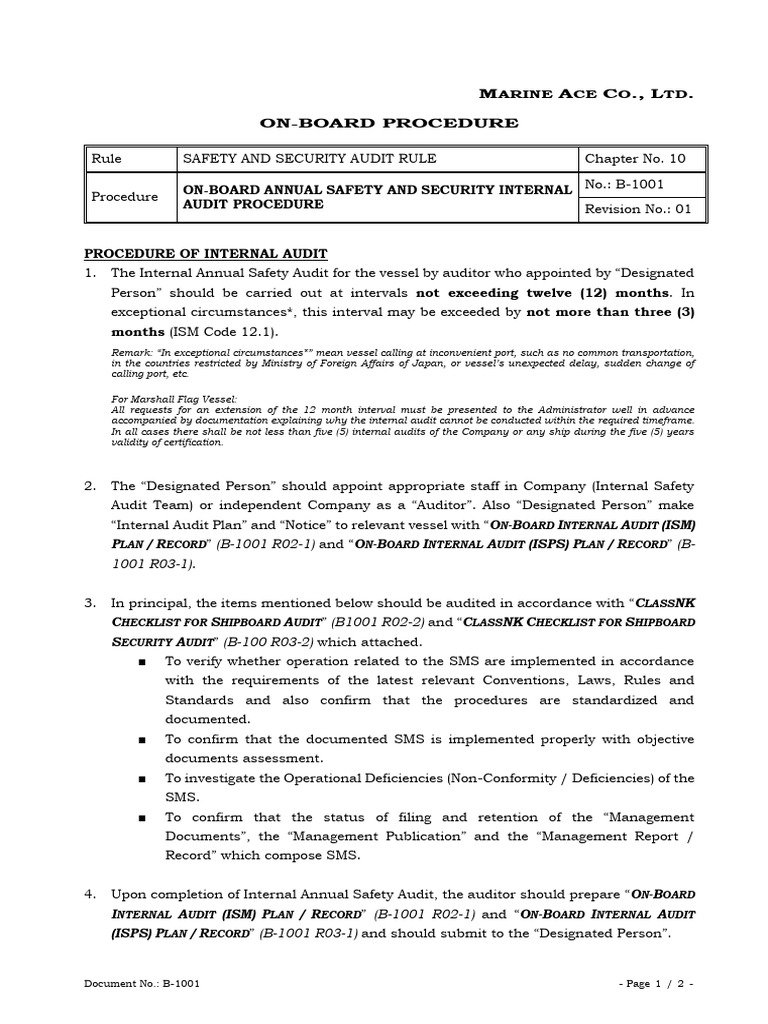 01_B-1001 ON-BOARD ANNUAL SAFETY AND SECURITY INTERNAL AUDIT PROCEDURE ...