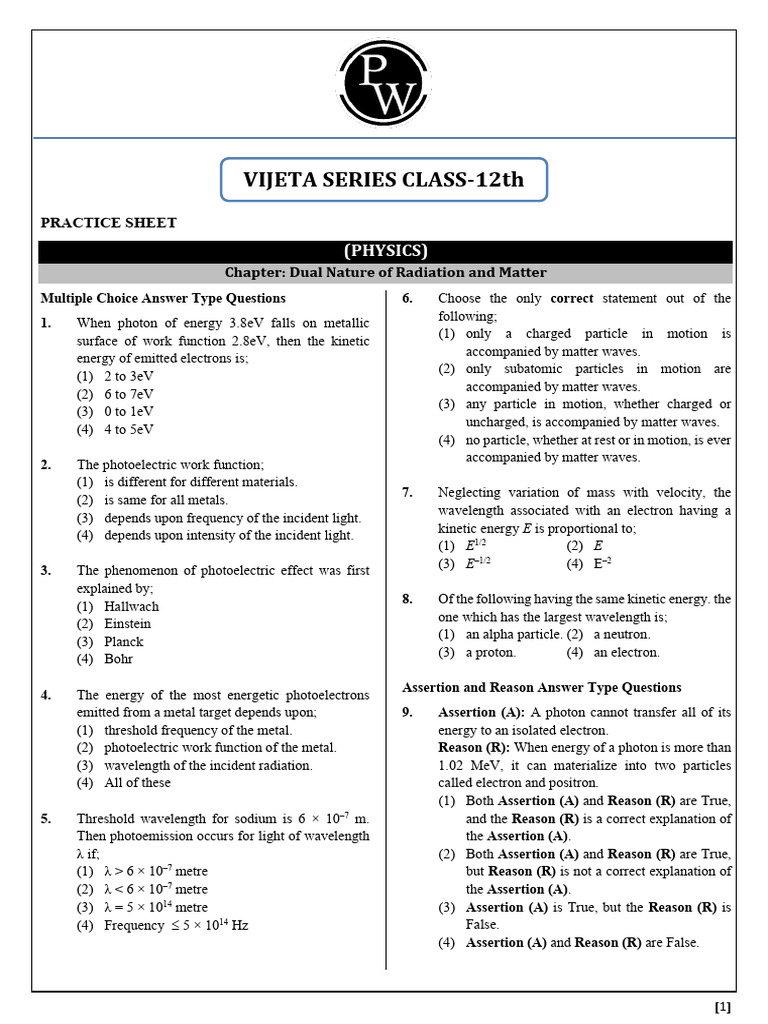 Physics Practice Sheet: Photoelectric Effect | PDF | Photoelectric Effect | Electron