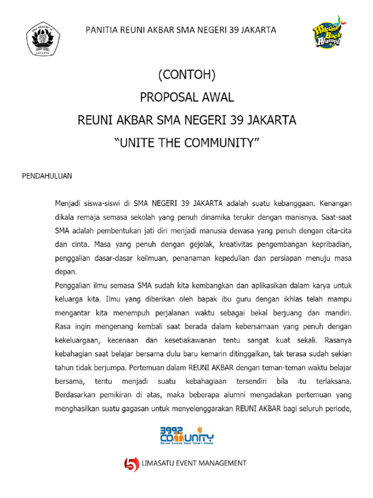 (Contoh) Proposal Awal Reuni Akbar Sma Negeri 39 Jakarta Unite the Community - PDF Download ...